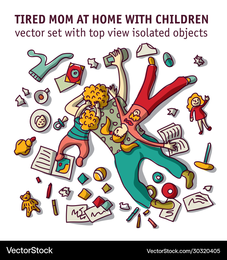 Tired mom home with children isolated objects set Vector Image