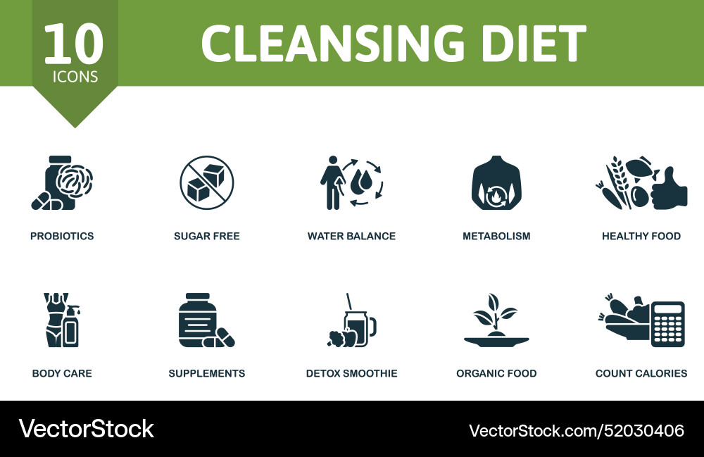 Cleansing diet icon set probiotics sugar free Vector Image