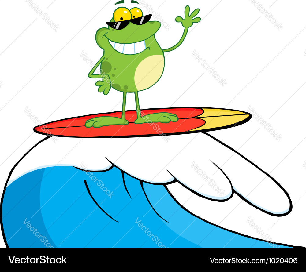 Happy frog while surfing Royalty Free Vector Image