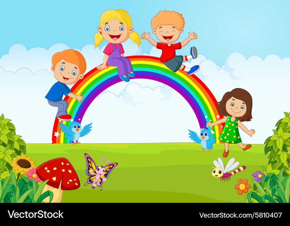 Happy Kids on Rainbow Royalty Free Vector Image