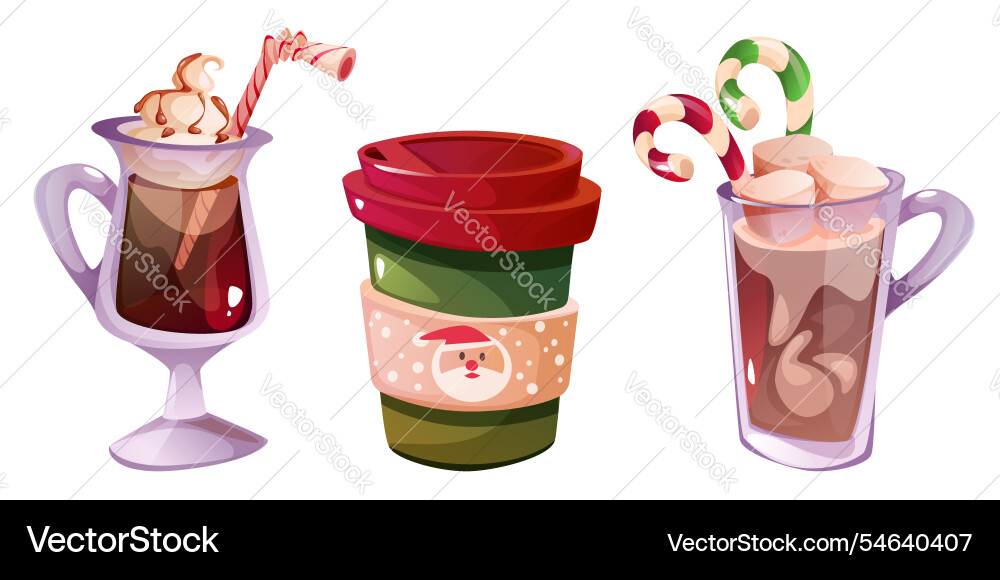 Holiday hot chocolate set with festive beverages Vector Image