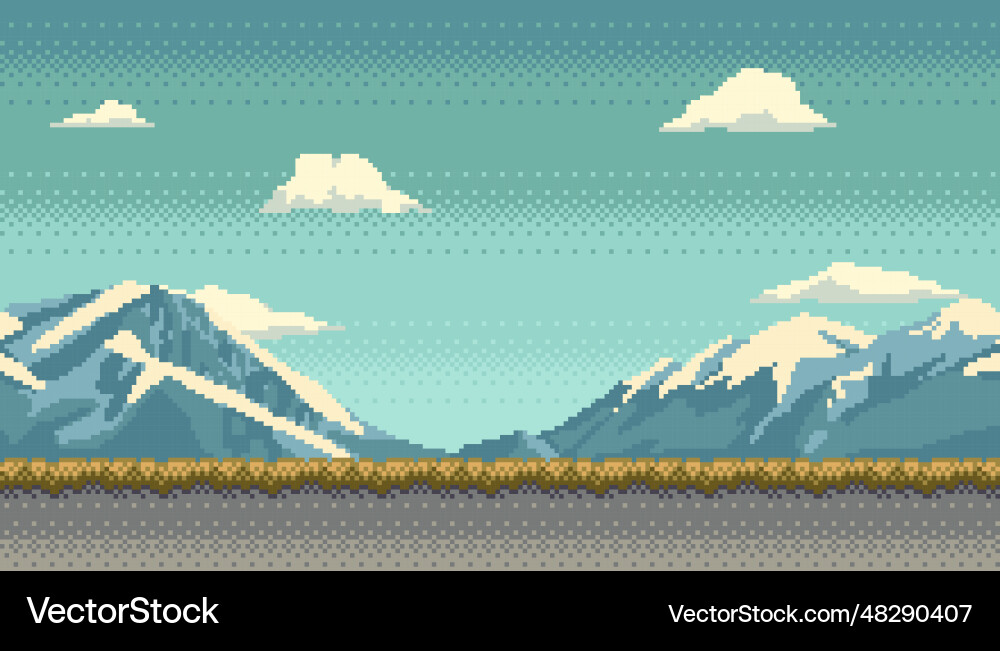 Pixel art background scene with snowy mountains Vector Image