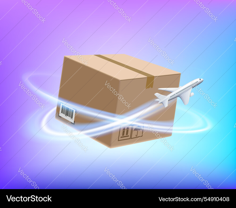 Airplane flies around cardboard box Royalty Free Vector