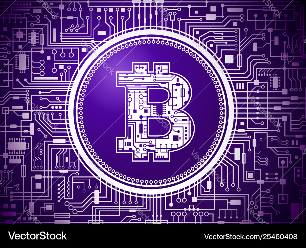 Bitcoin digital currency symbol violet Royalty Free Vector