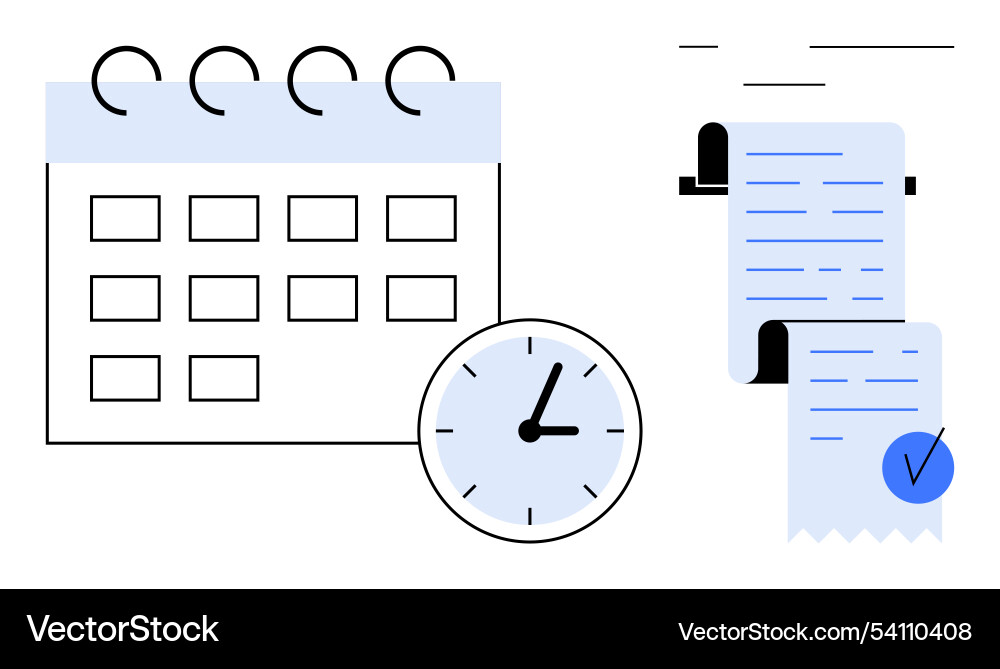 Calendar with clock and receipts ideal for time Vector Image