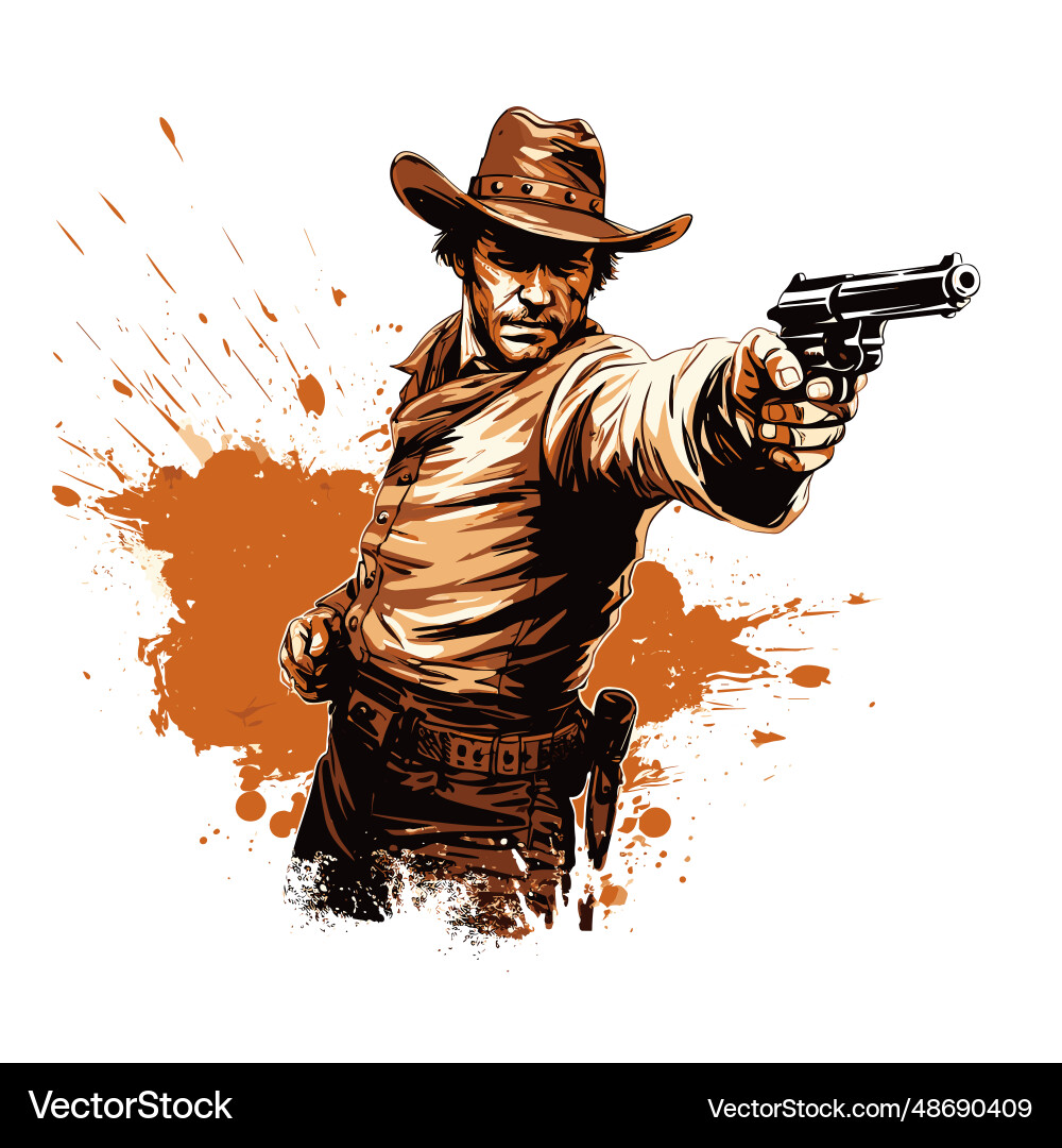 Cowboy with a gun shooting hand-drawn Royalty Free Vector