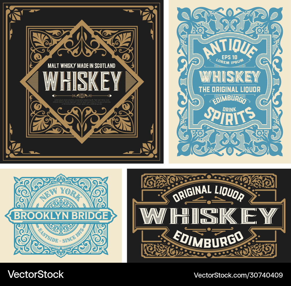 Set 4 vintage liquor labels layered Royalty Free Vector
