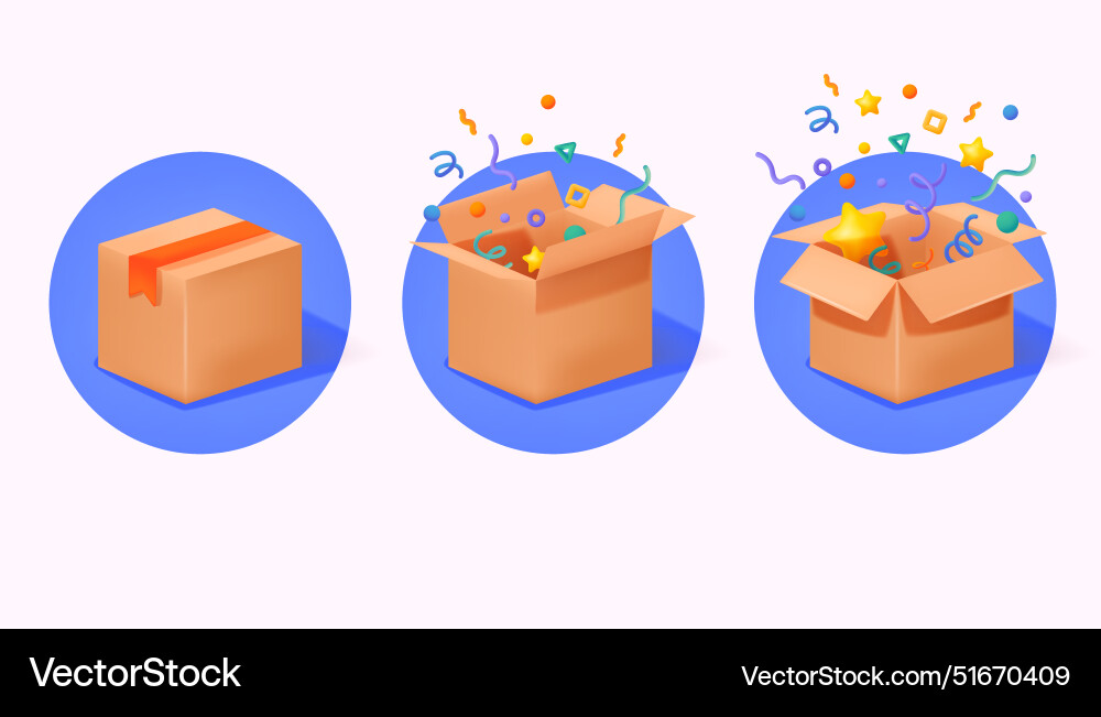 Set of 3 different boxes with confetti Royalty Free Vector