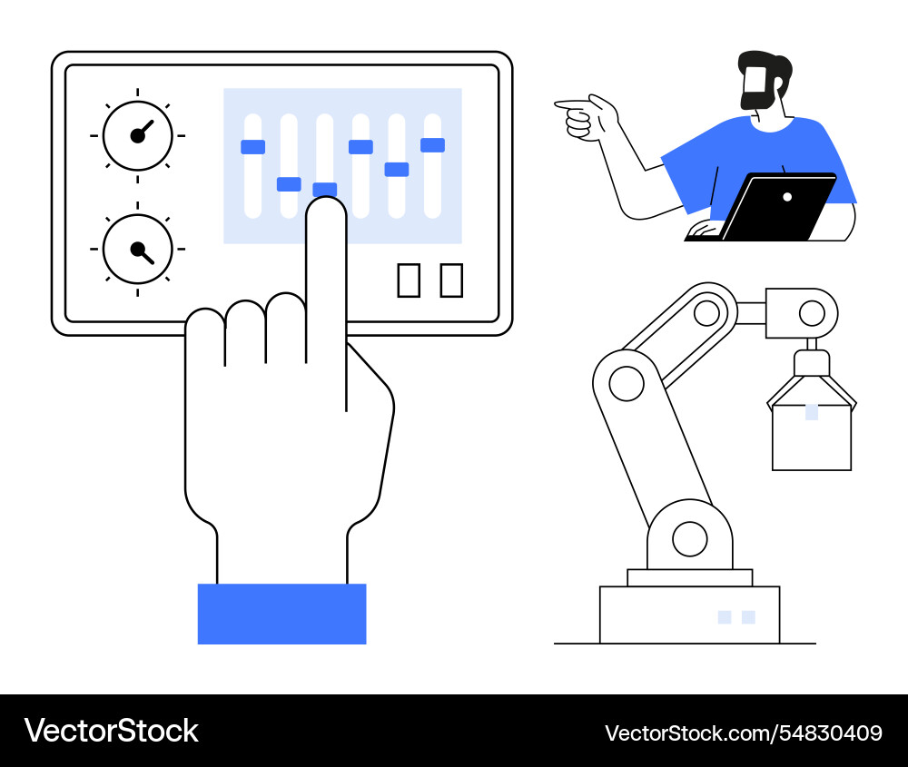 Technician operating robotic arm and control panel