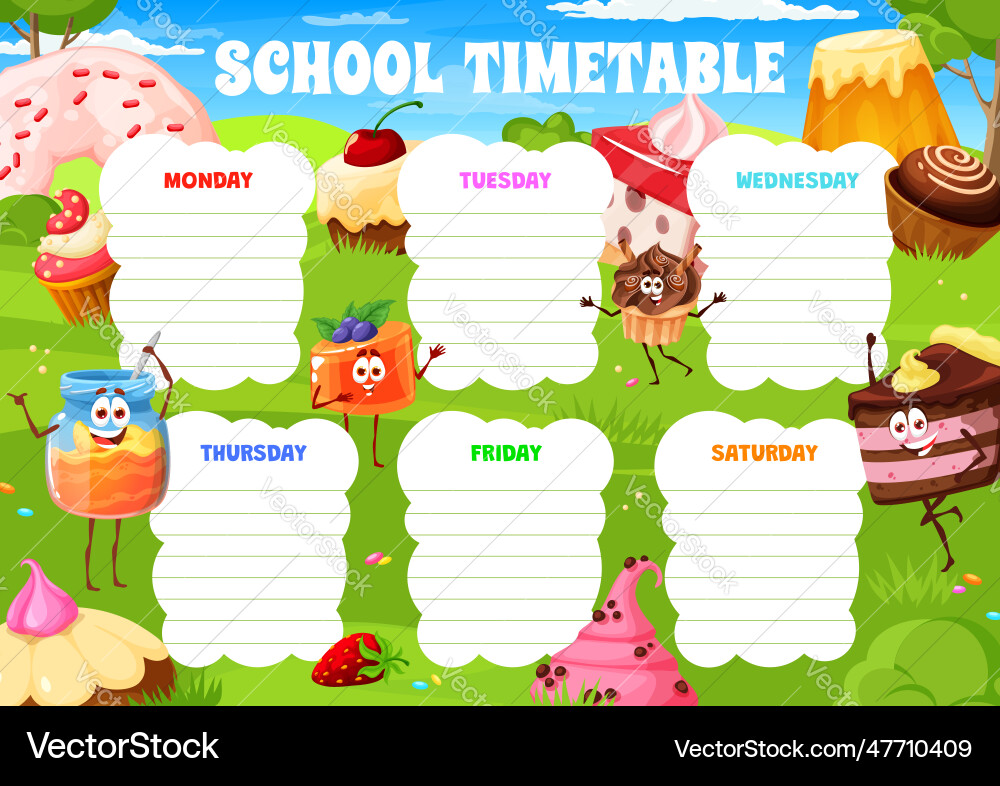 Timetable schedule cartoon funny desserts sweets Vector Image