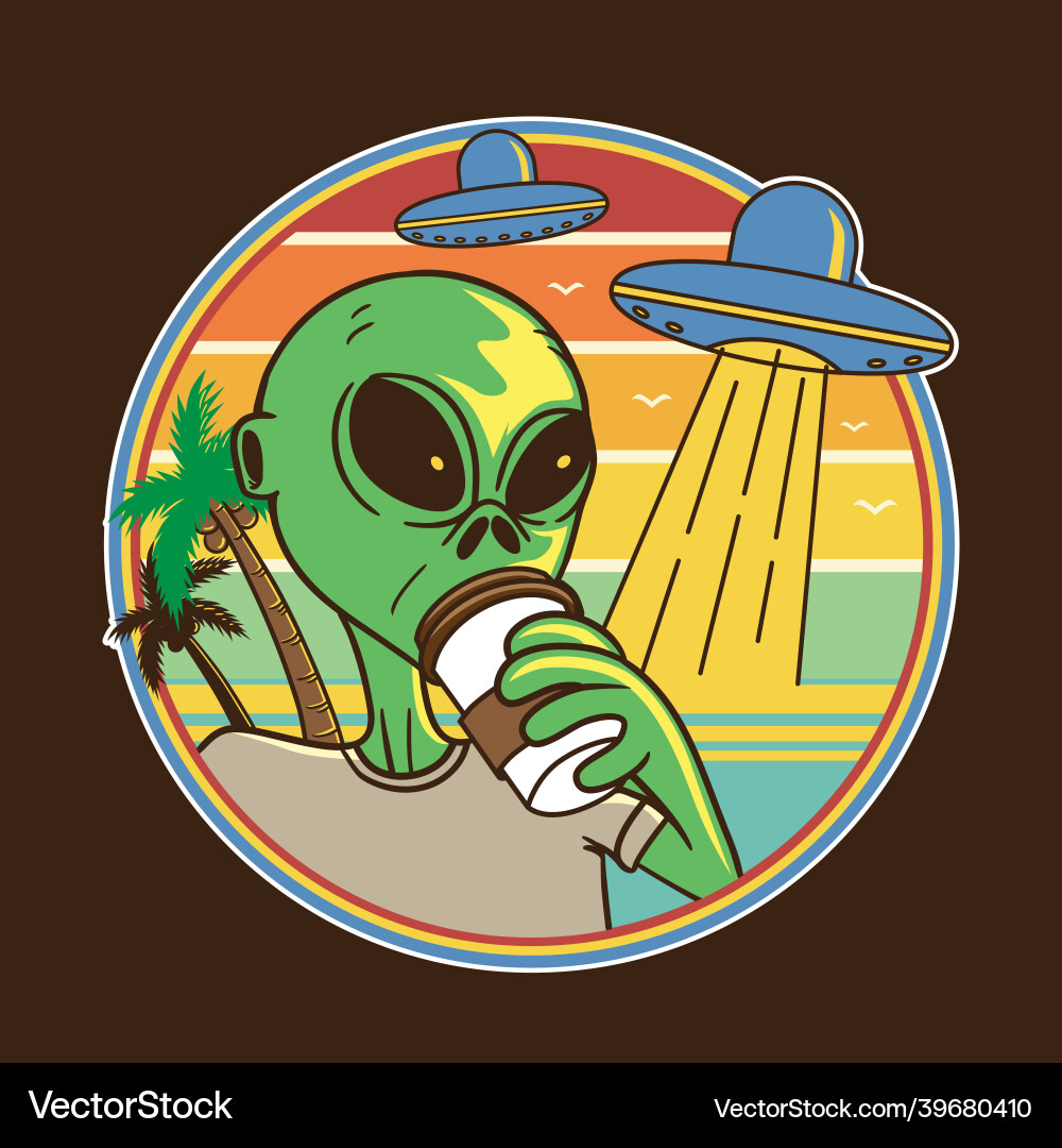 Design alien drink coffee at beach Royalty Free Vector Image