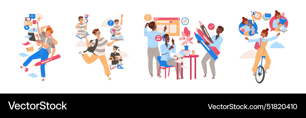 People student characters learning multitasking Vector Image
