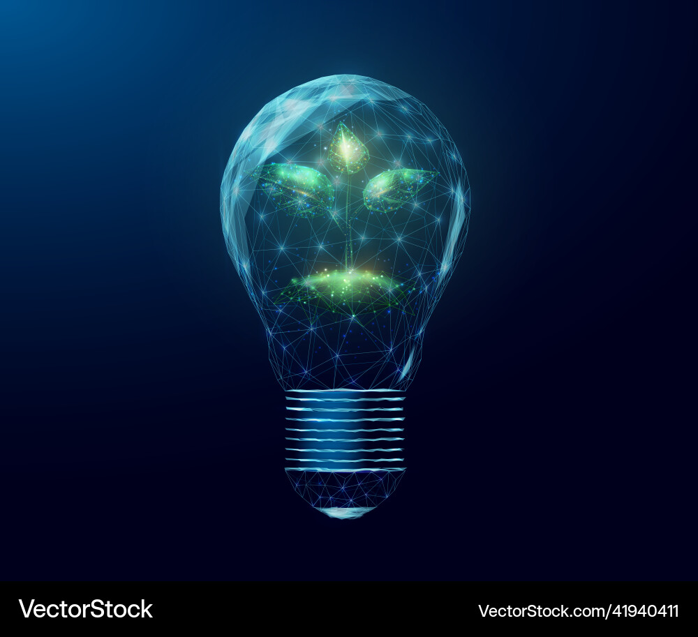 Wireframe polygonal plant in a lightbulb saving Vector Image