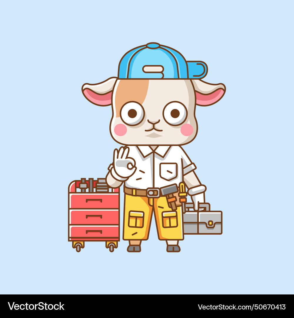 Cute goat mechanic with tool at workshop cartoon Vector Image