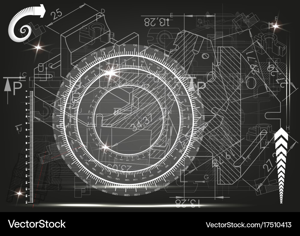 Machine-building drawings on a black background Vector Image