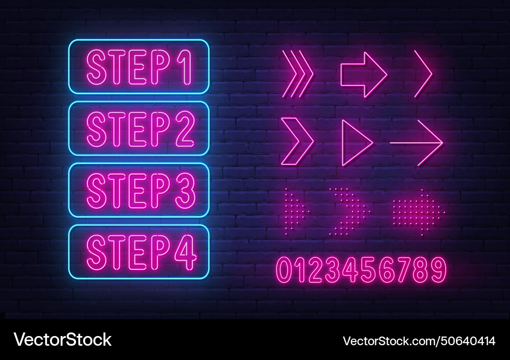 Neon sign step 1234 with number and arrows Vector Image