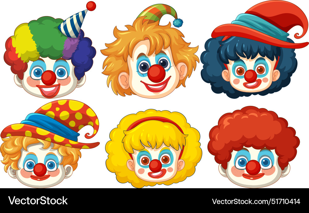 Six vibrant clown faces with different hats Vector Image
