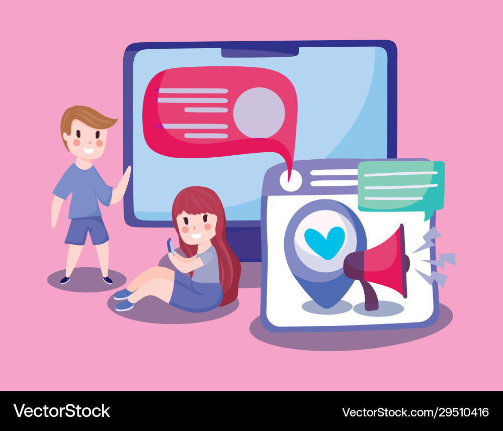 Boy and girl cartoon with computer design Vector Image