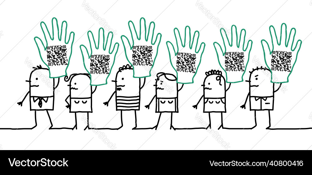 Cartoon people showing qr code in their raised Vector Image
