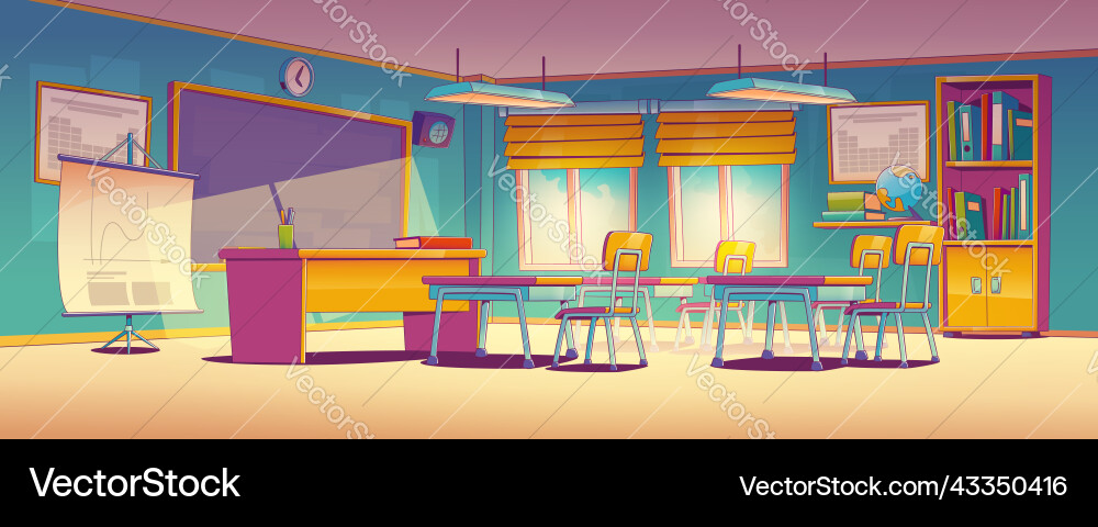 School classroom with chalkboard teacher desk Vector Image