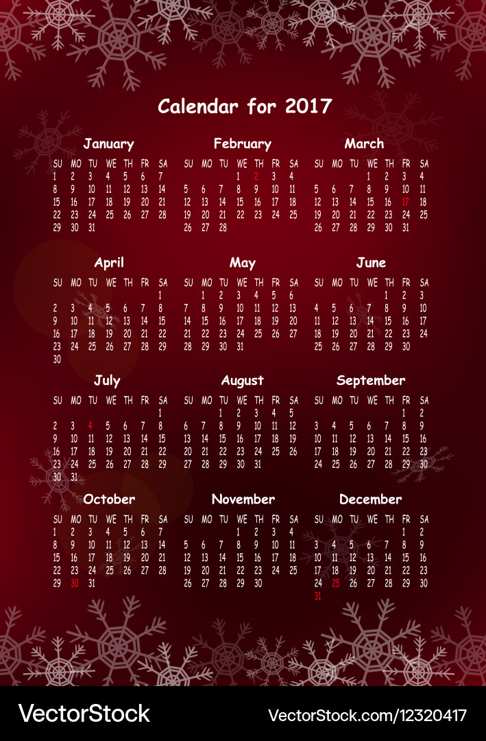 Calendar for 2017 on red background Royalty Free Vector
