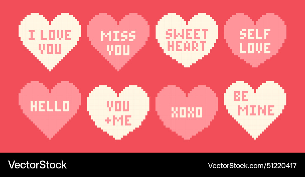 Pixel heart set with text in retro style vintage Vector Image