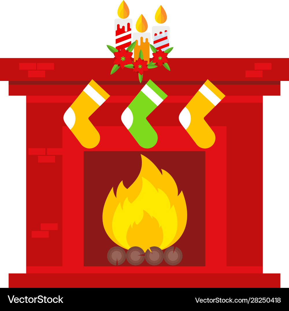 Christmas fireplace scene flat cartoon Royalty Free Vector