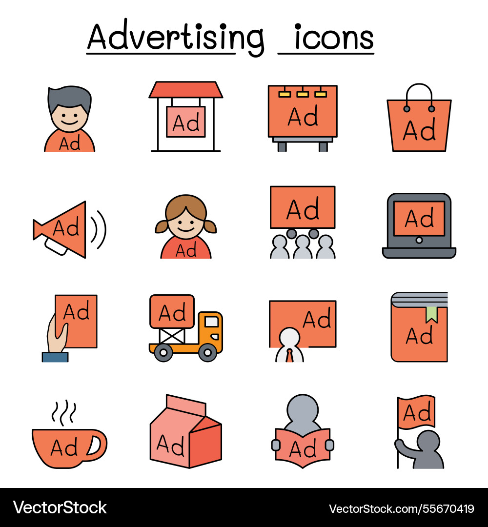 Advertising icon set in color line style Vector Image