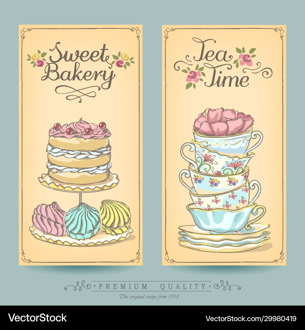 Vintage posters pastries and tea Royalty Free Vector Image