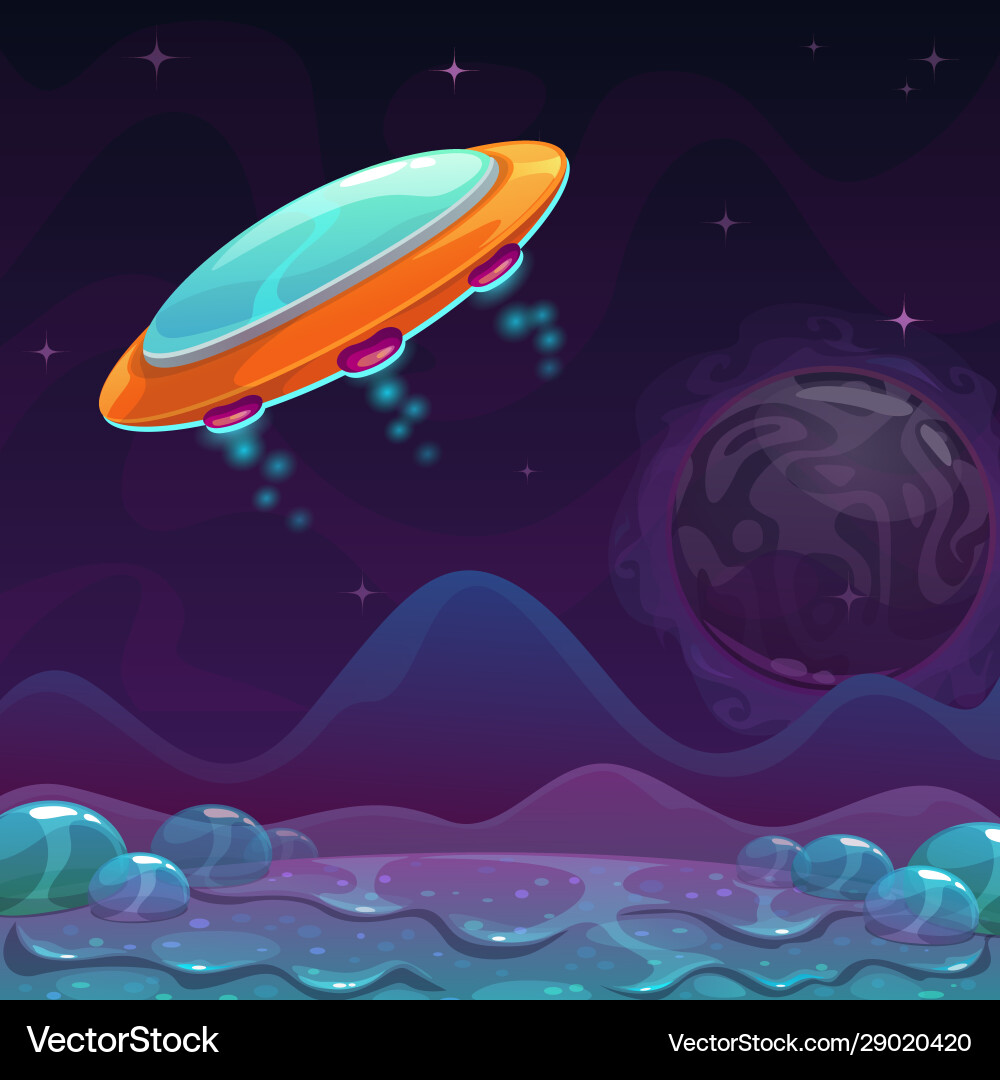 Cartoon orange ufo flying under alien slimy Vector Image