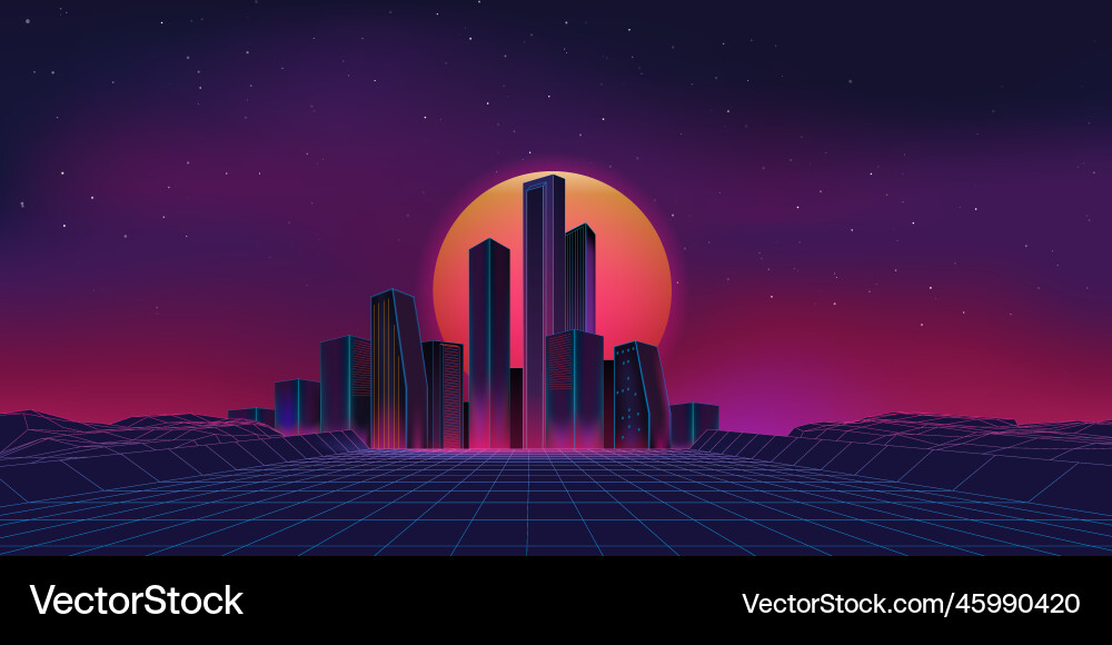 Retro Sci-Fi Cityscape - 80s Synthwave Royalty Free Vector