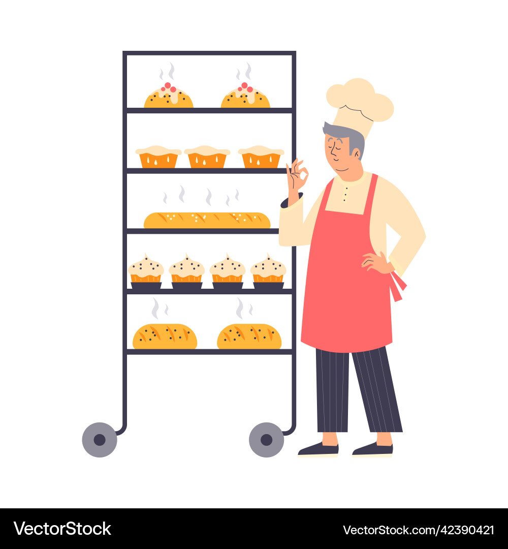 Baker stands in front of rack with ready-made buns