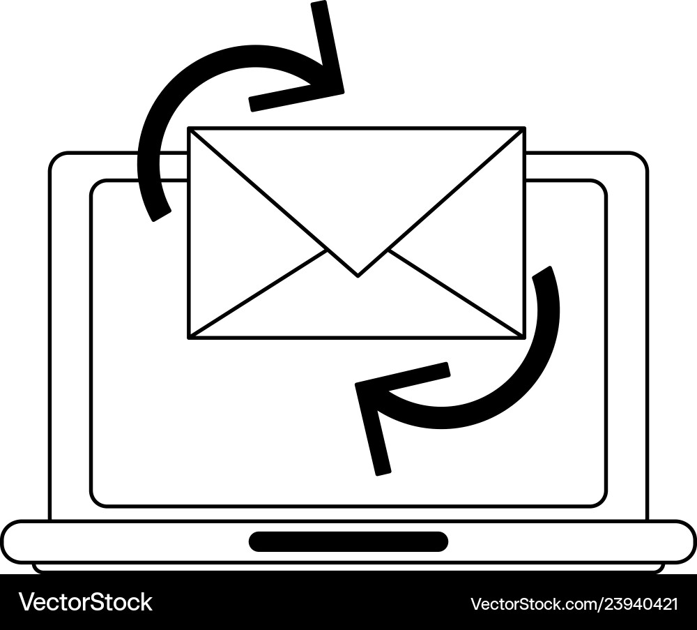 Laptop email sending symbol in black and white Vector Image