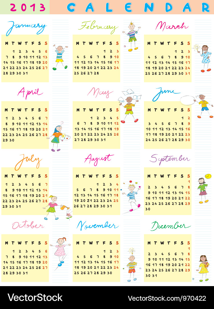 2013 calendar kids Royalty Free Vector Image - VectorStock