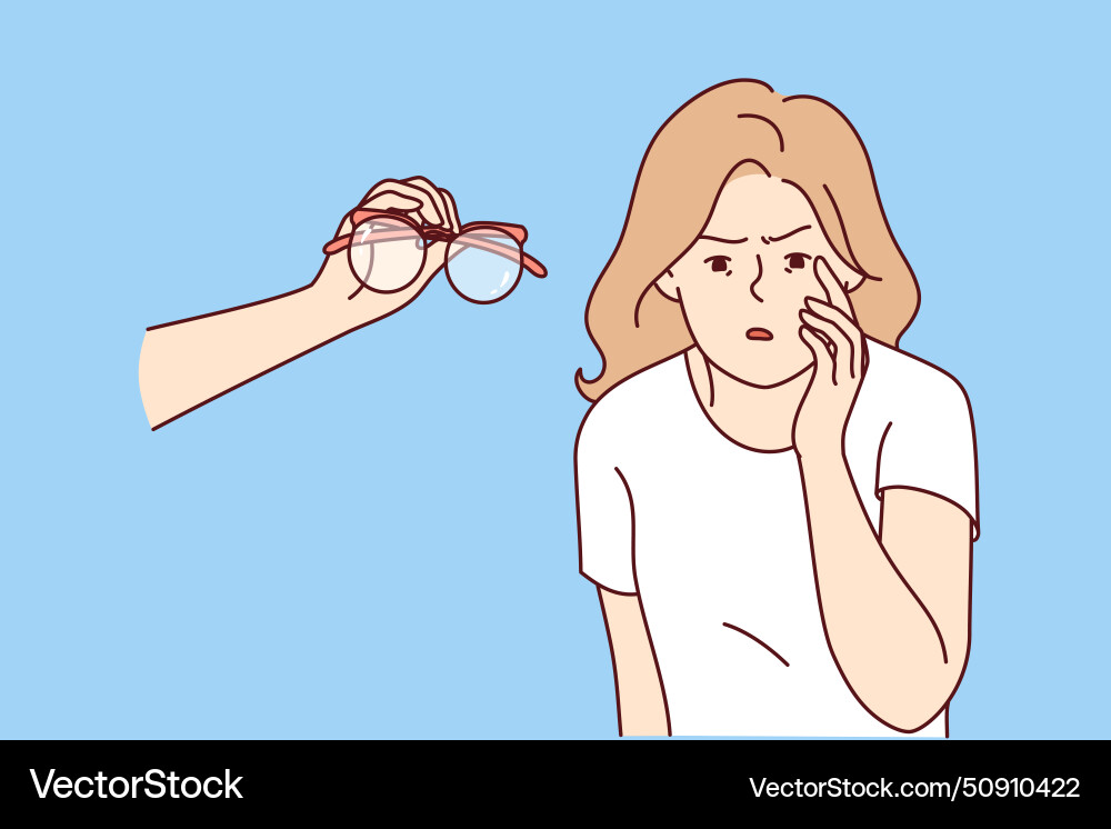 Blind woman with poor vision looks closely Vector Image