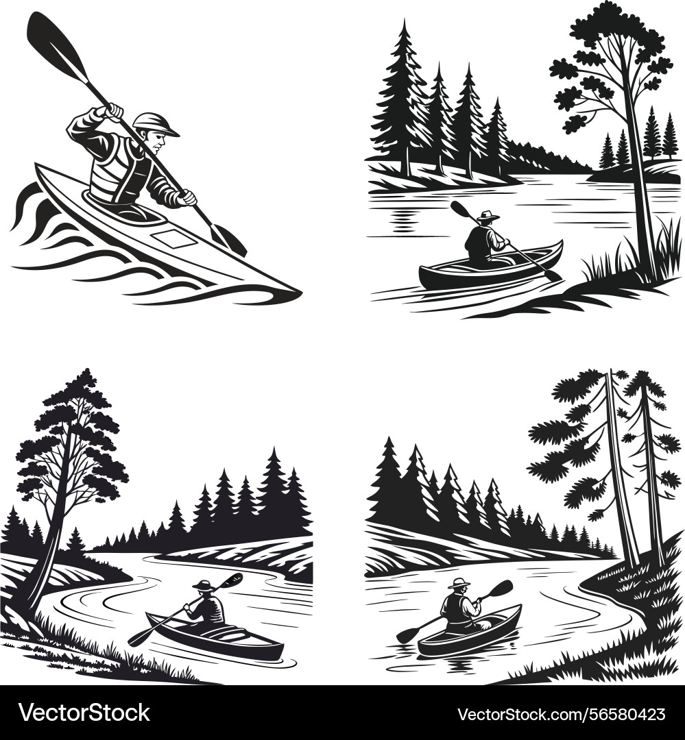 Black and white kayaking depicting adventurous Vector Image