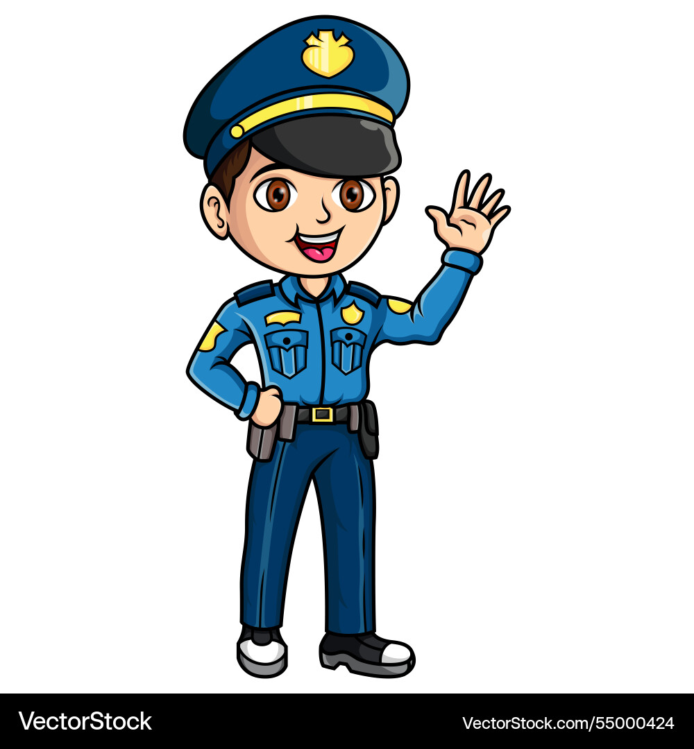 Cartoon smiling policeman waving hand Royalty Free Vector