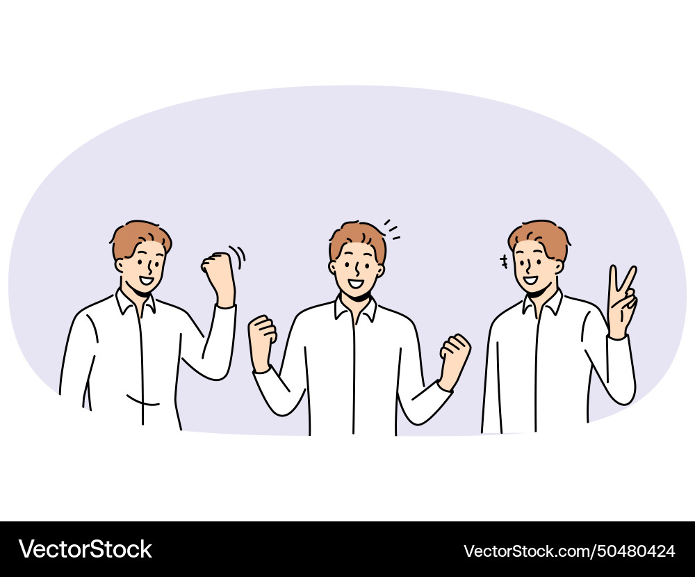 Smiling man make hand gestures celebrating success