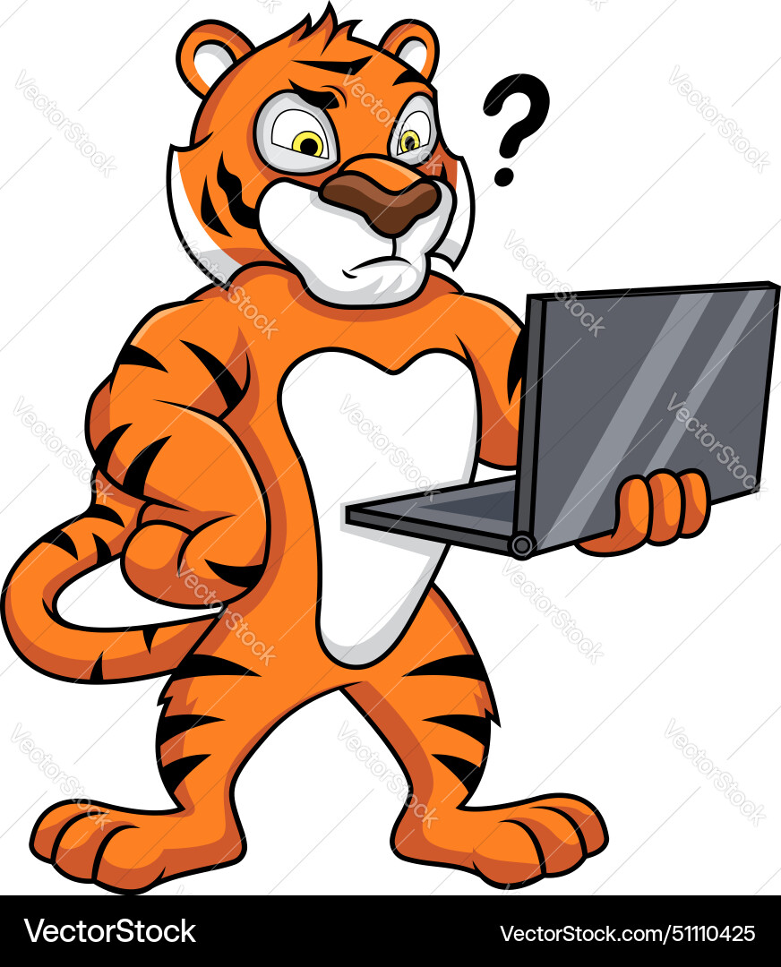 Confused tiger holding a computer cartoon clip art