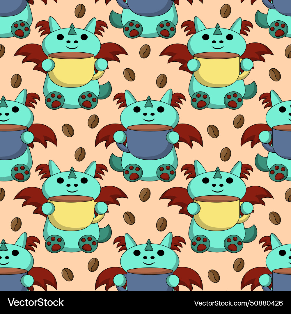Seamless pattern with cute dragon coffee cup Vector Image