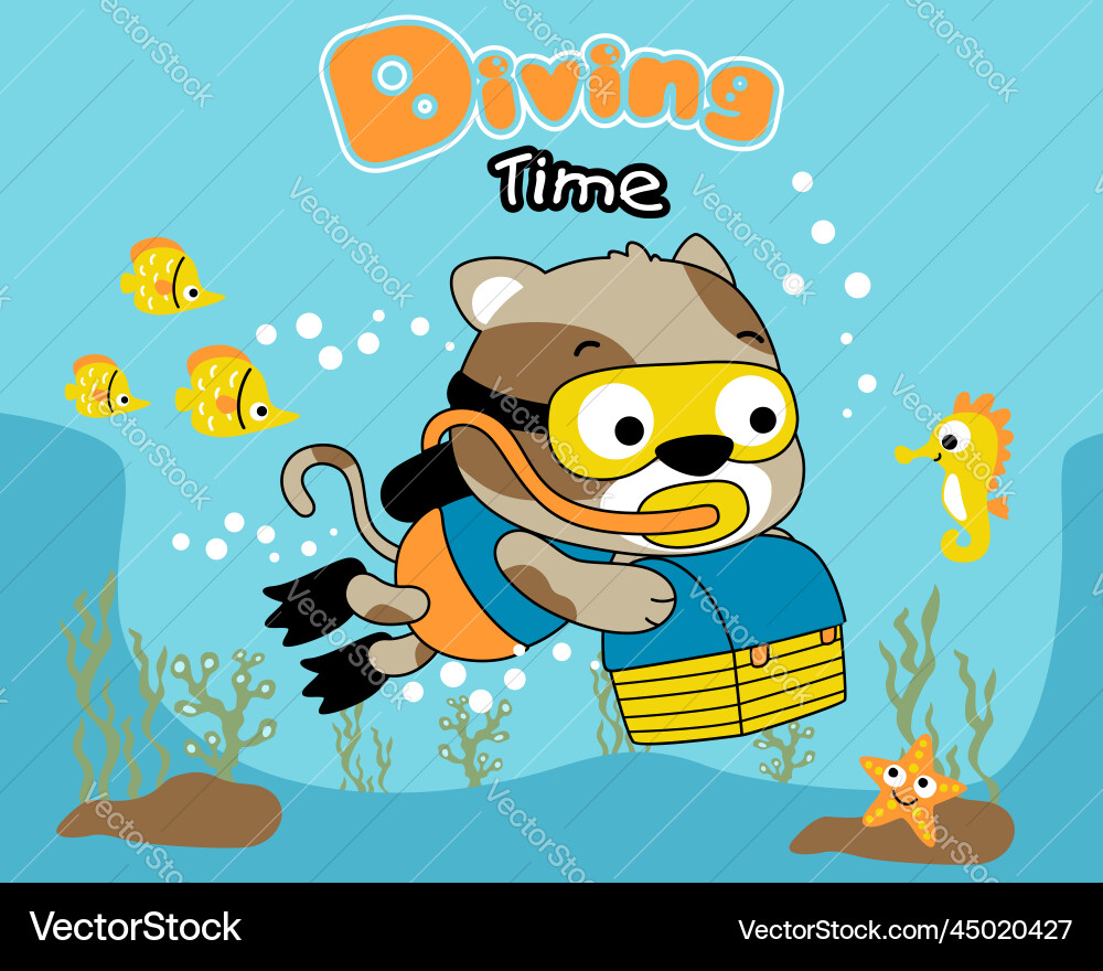 Cat diving marine life elements cartoon Royalty Free Vector