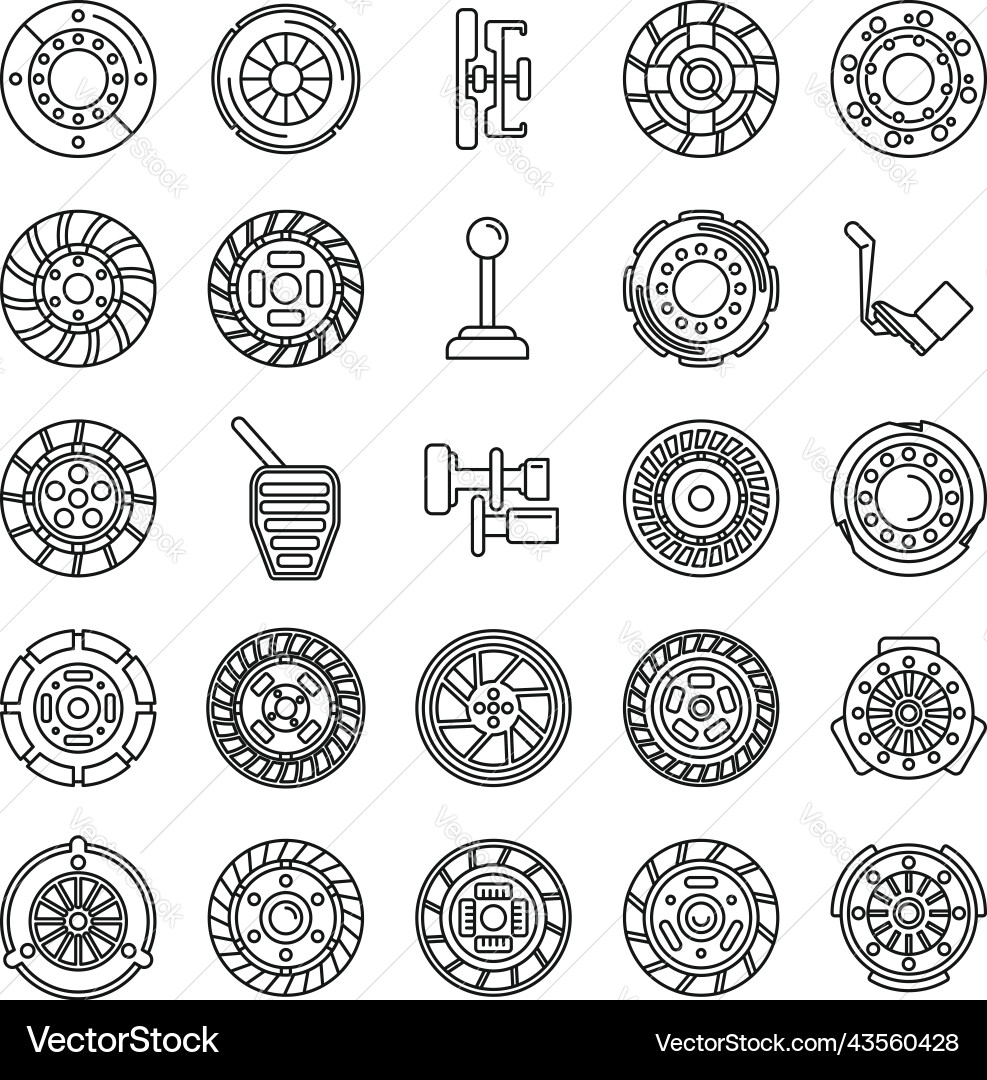 Clutch icons set outline machine engine Royalty Free Vector