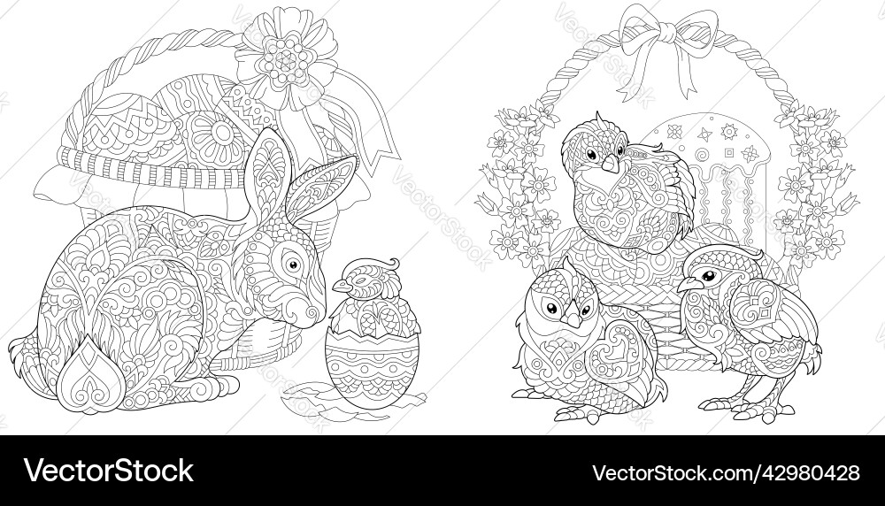 Easter Coloring Page - Bunnies & Chickens Vector Image