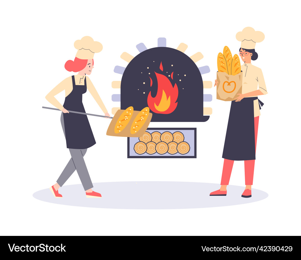 Bakers bake bakery products in wood-fired oven Vector Image