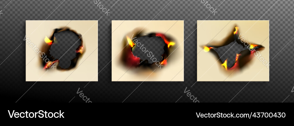 Burn holes on paper sheets round borders set Vector Image