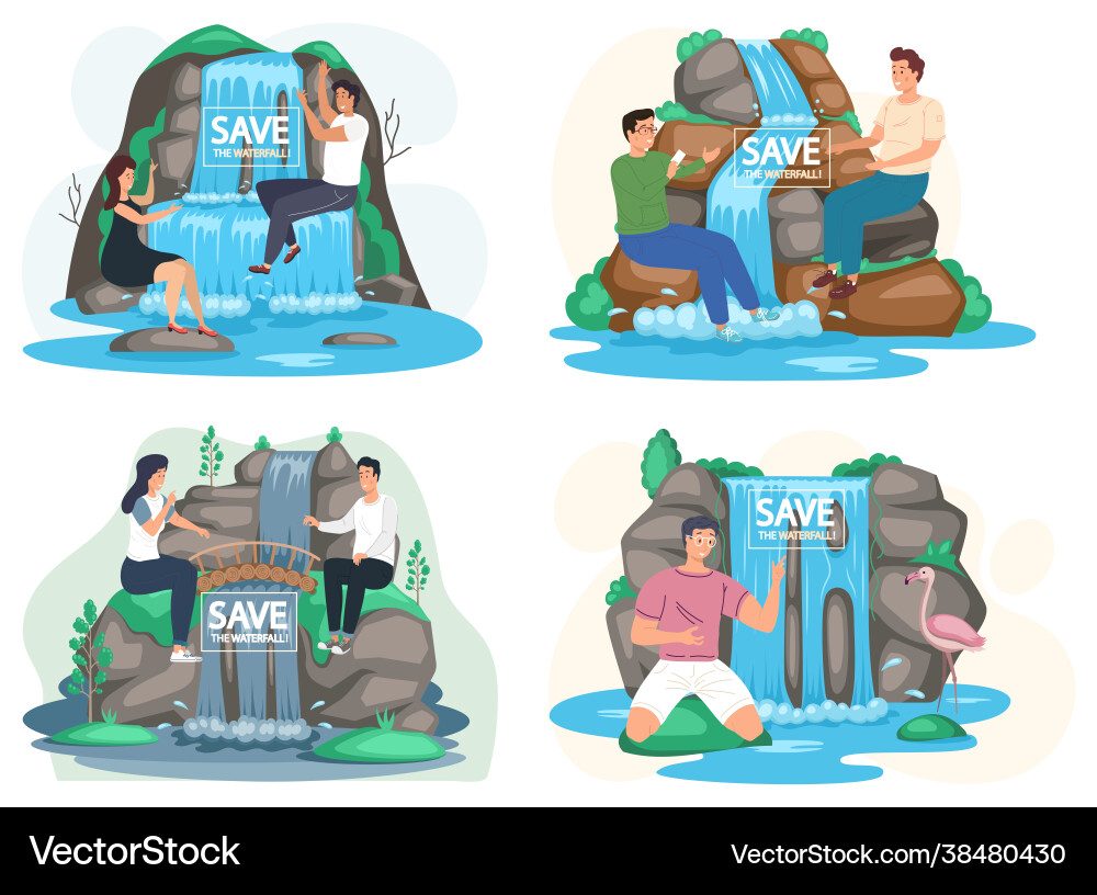 Save waterfalls ecological concept rock Royalty Free Vector