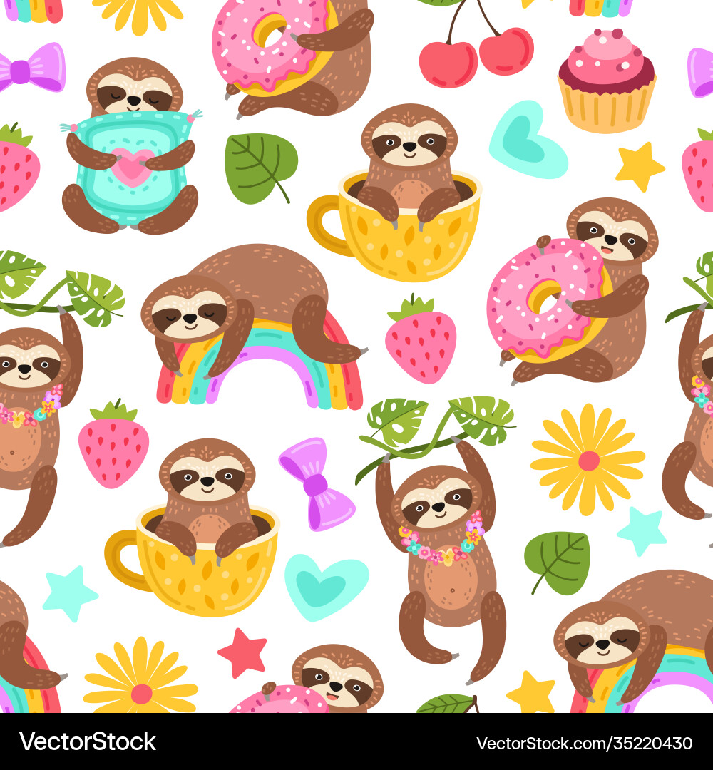 Sloth pattern sleep animal cartoon sloths eat Vector Image