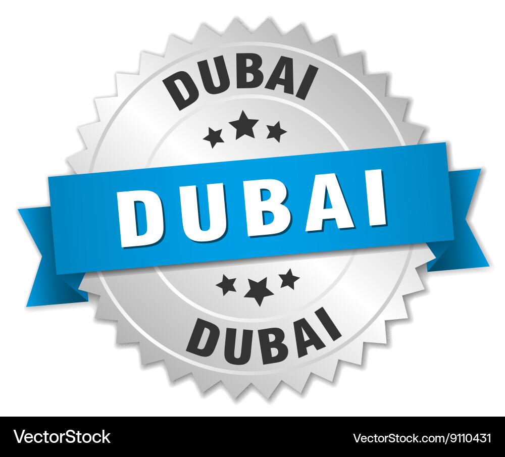 Dubai round silver badge with blue ribbon Vector Image