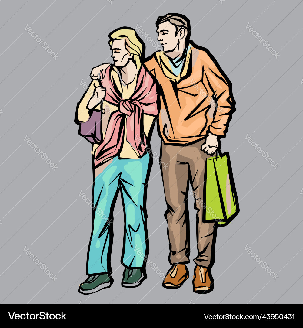 Happy couple hugging and walking ink drawing Vector Image