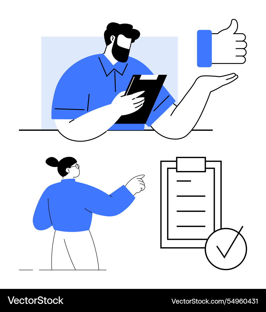 Professionals reviewing clipboard and checklist Vector Image